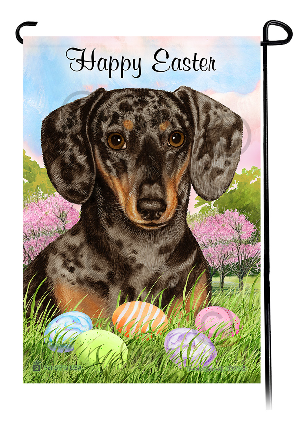Dachshund Smooth Chocolate Dapple Happy Easter Garden Flag | Pet Gifts USA