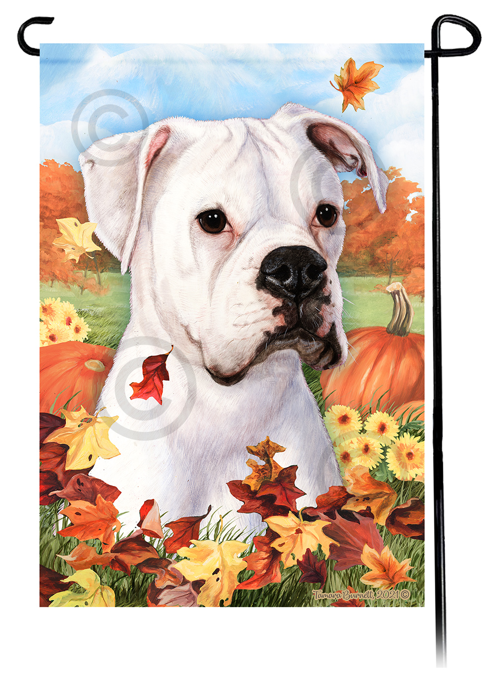 Boxer White Uncropped Falling Leaves - Garden Flag | Pet Gifts USA