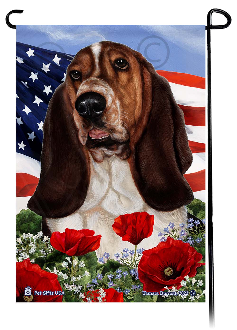 Basset Tri-Color - Patriotic Flowers Garden Flag | Pet Gifts USA