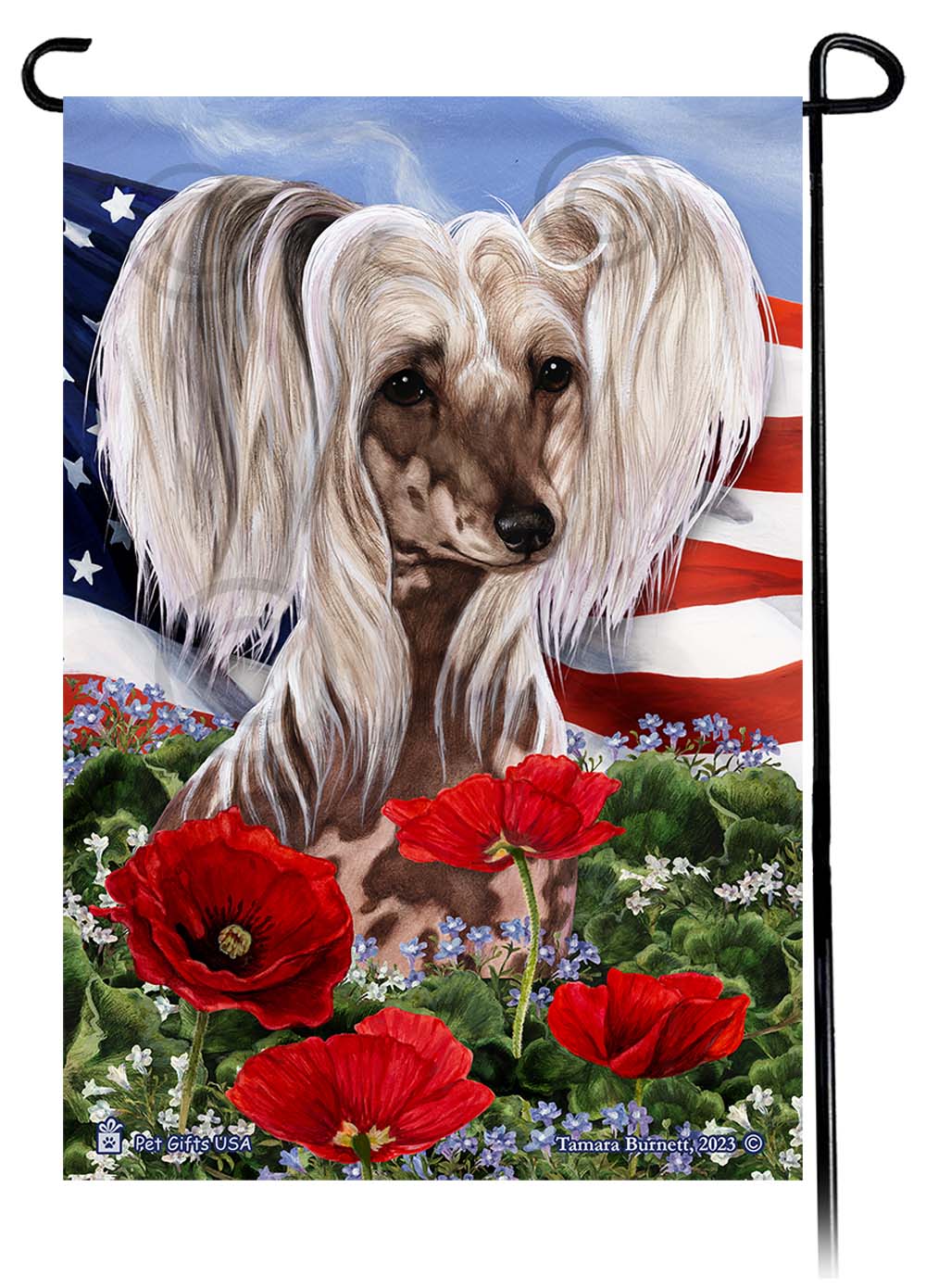Chinese Crested Hairless - Patriotic Flowers Garden Flag | Pet Gifts USA
