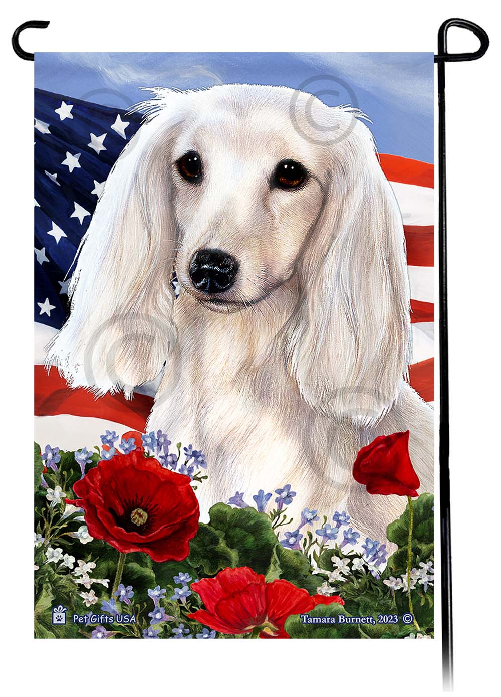 Dachshund Long Haired White - Patriotic Flowers Garden Flag | Pet Gifts USA