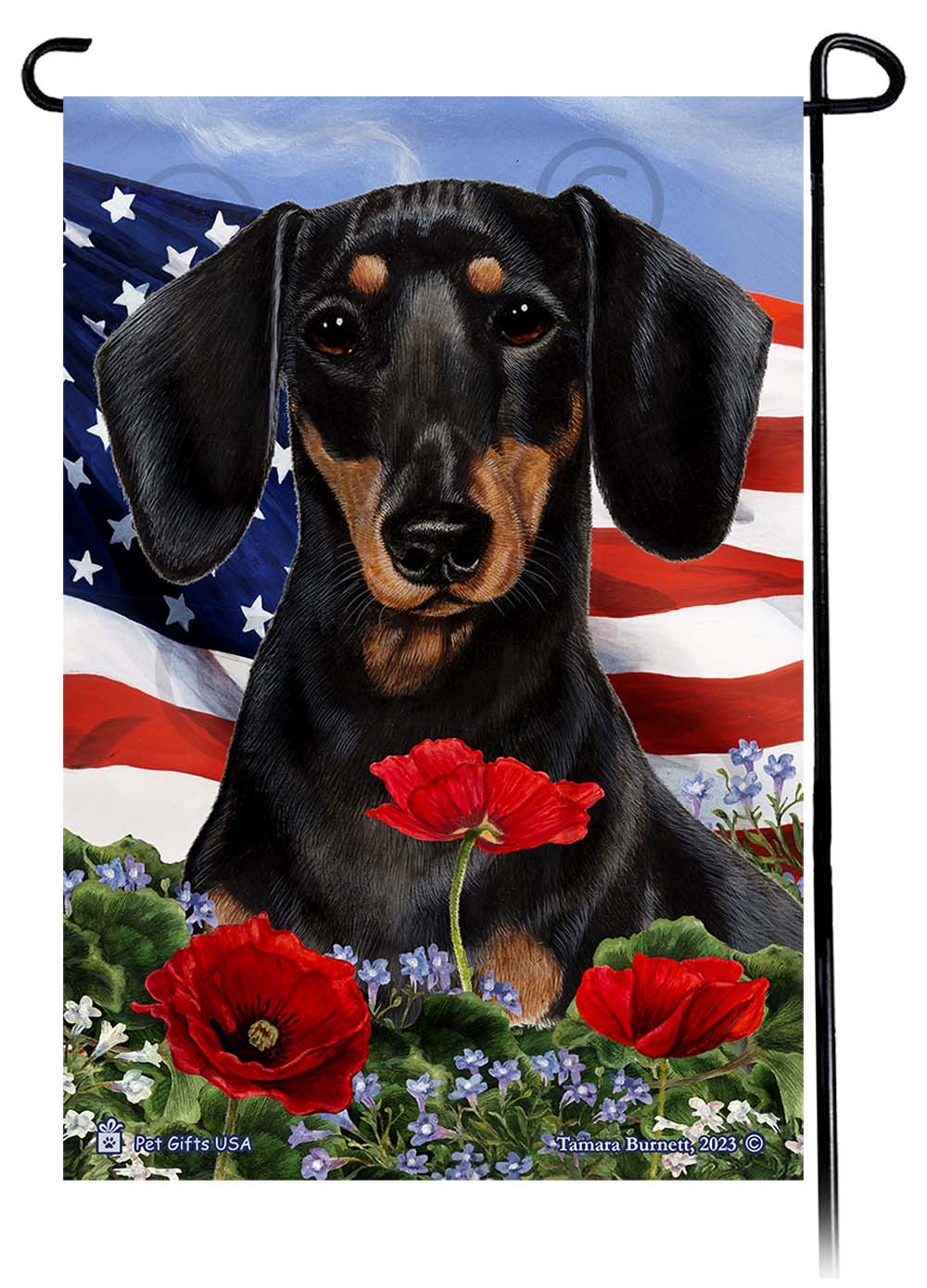 Dachshund Short Haired Black and Tan - Patriotic Flowers Garden Flag ...