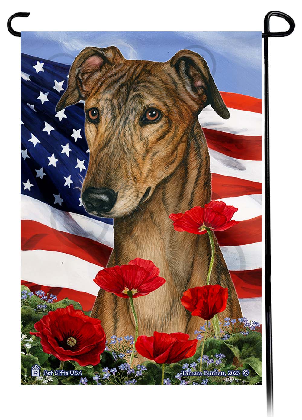 Greyhound Red Brindle - Patriotic Flowers Garden Flag | Pet Gifts USA