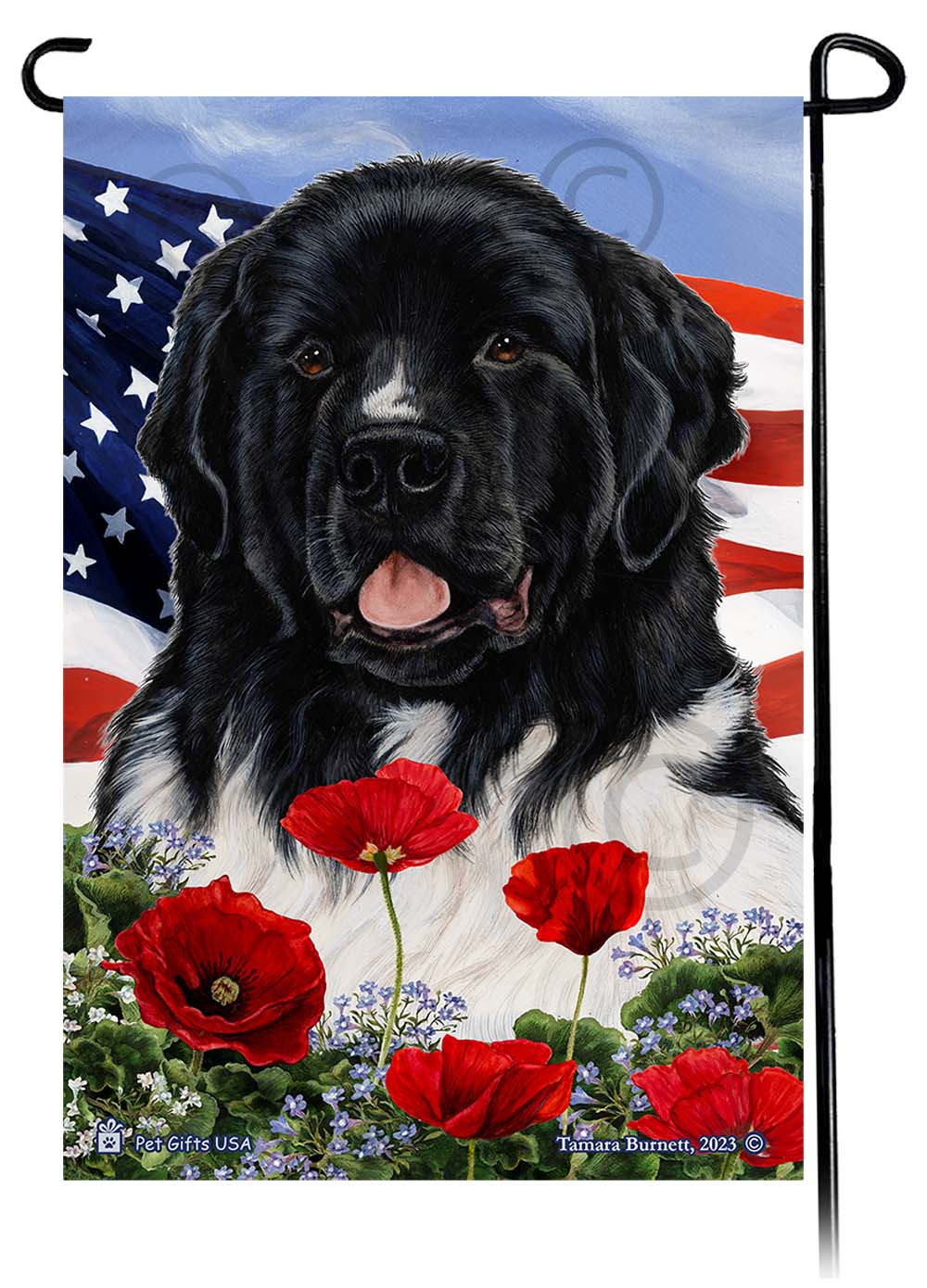 Newfoundland Landseer - Patriotic Flowers Garden Flag | Pet Gifts USA