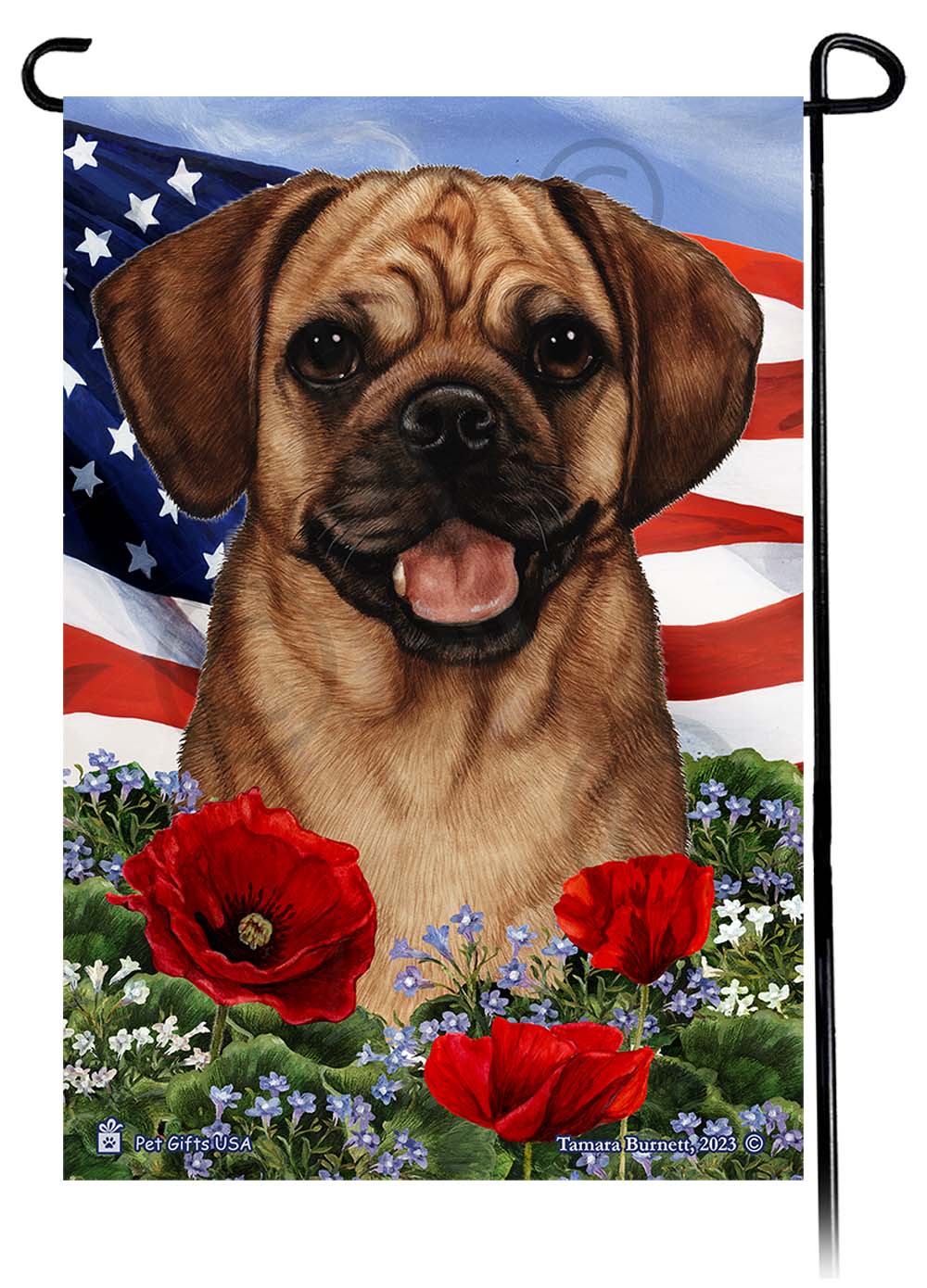 Puggle Fawn - Patriotic Flowers Garden Flag | Pet Gifts USA