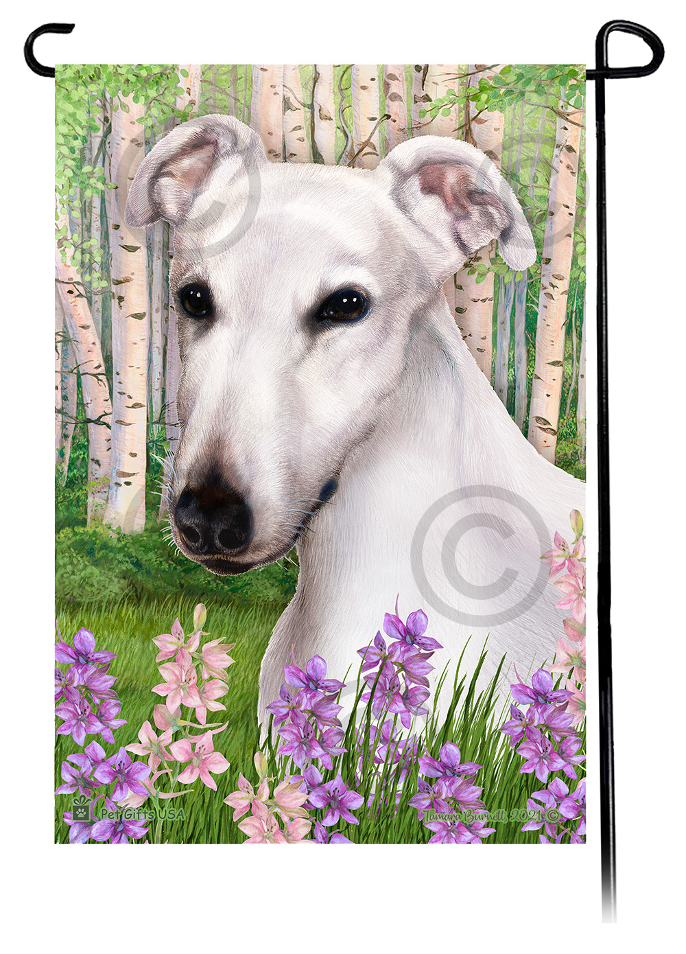 Greyhound White Spring Flowers Flag | Pet Gifts USA
