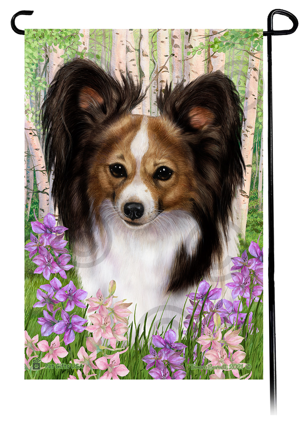 Papillon Hound Tri Color Spring Flowers Flag | Pet Gifts USA