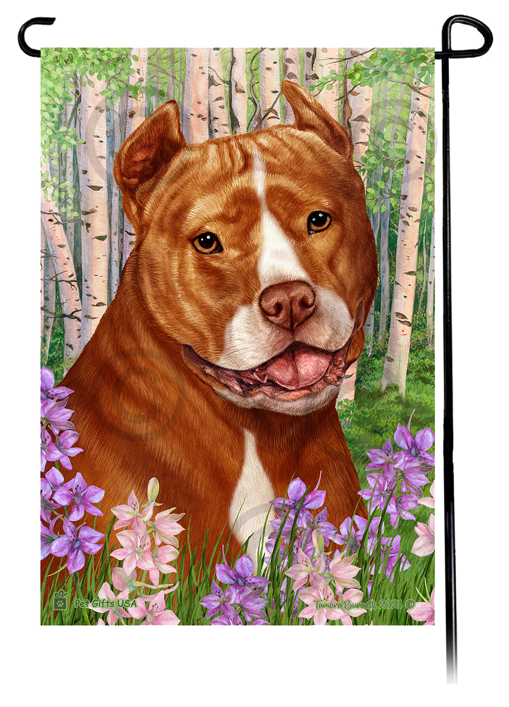 Pit Bull Orange and White Cropped Spring Flowers Flag | Pet Gifts USA