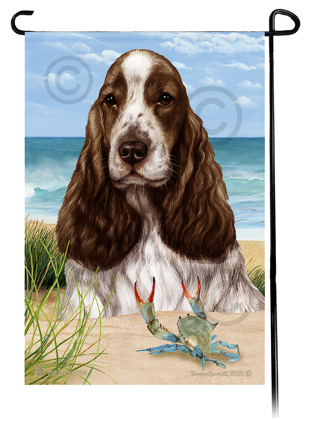 English Cocker Liver and White Summer Beach Garden Flag | Pet Gifts USA