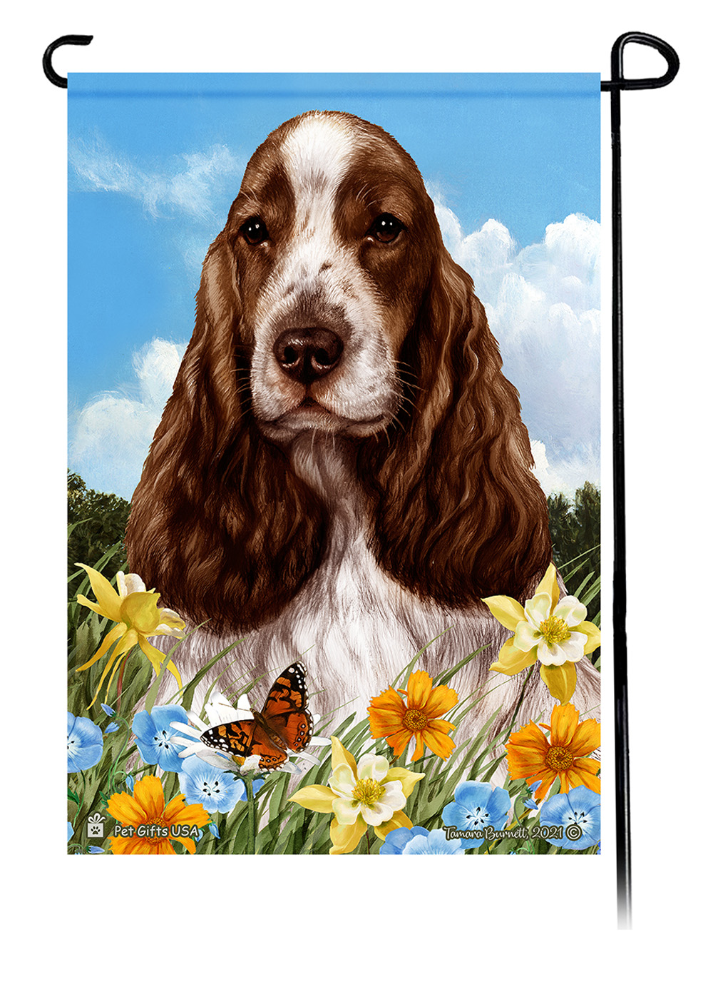 English Cocker Liver and White Summer Flowers Garden Flag | Pet Gifts USA