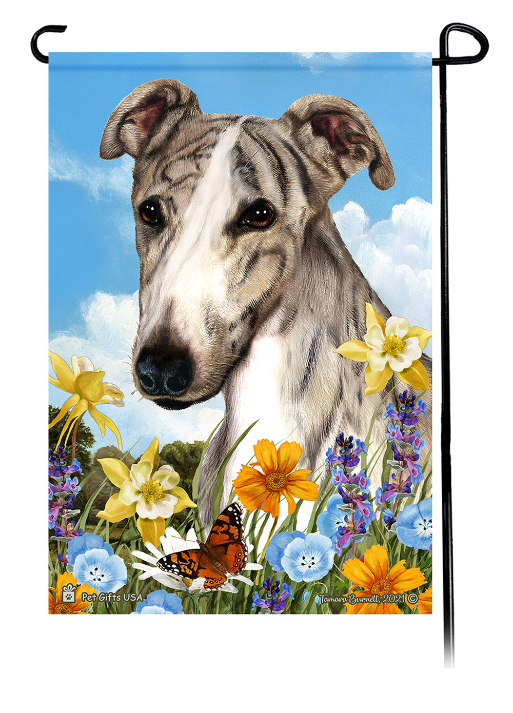 Greyhound Fawn Brindle Summer Flowers Garden Flag | Pet Gifts USA
