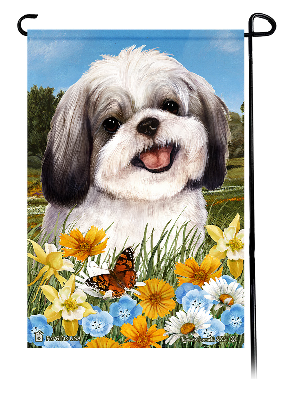 Shih Tzu Silver & White Summer Flowers Garden Flag - | Pet Gifts USA