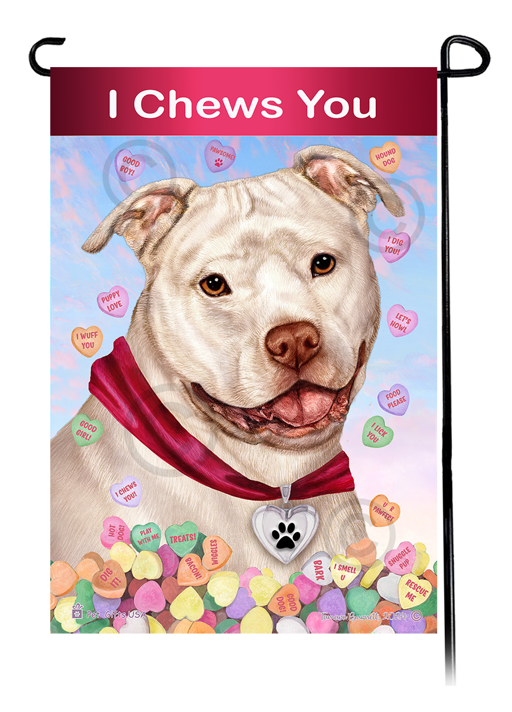 Pit Bull White Uncropped - Valentine Sweetheart Garden Flag | Pet Gifts USA
