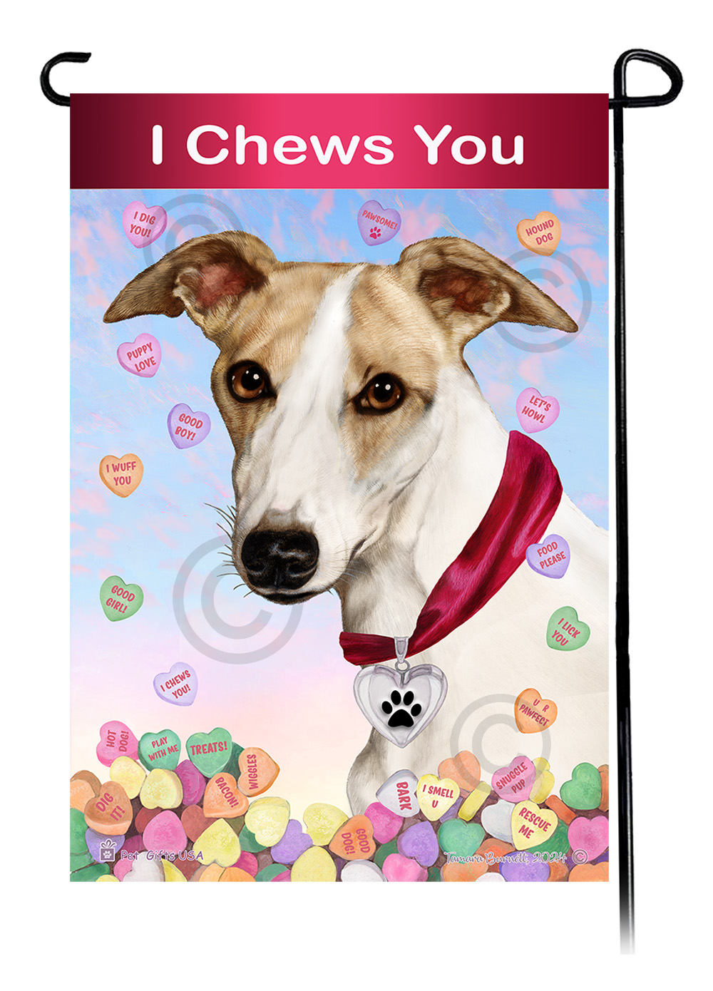 Whippet Fawn and White - Valentine Sweetheart Garden Flag | Pet Gifts USA