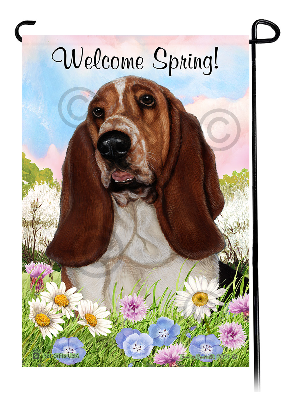 Basset Brown and White - Welcome Spring Garden Flag - | Arks-N-Barks